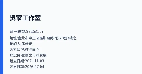 吳家工作室的照片-統編 88253107(臺北市) 公司登記資料與營業項目詳細圖表