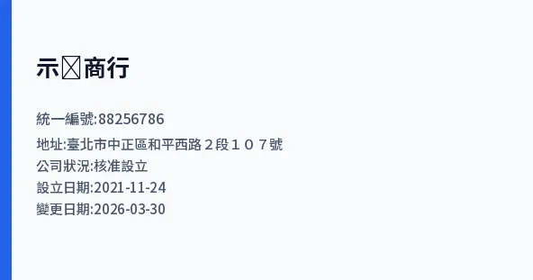 示畐商行的照片-統編 88256786(臺北市) 公司登記資料與營業項目詳細圖表