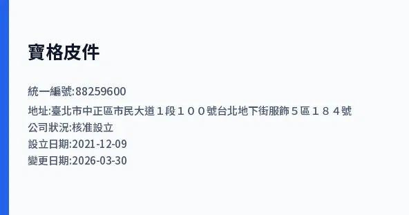 寶格皮件的照片-統編 88259600(臺北市) 公司登記資料與營業項目詳細圖表