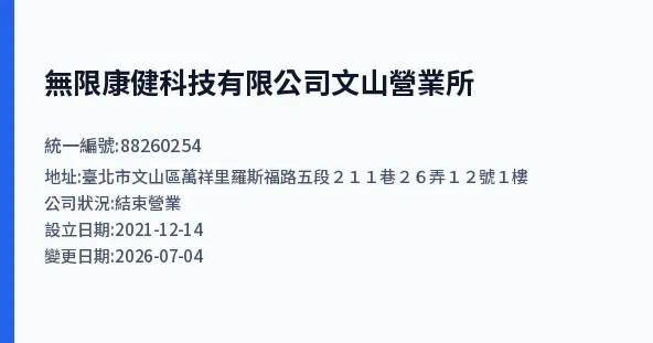 無限康健科技有限公司文山營業所的照片-統編 88260254(臺北市) 公司登記資料與營業項目詳細圖表
