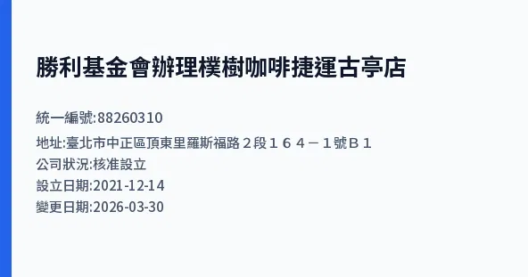 勝利基金會辦理樸樹咖啡捷運古亭店的照片-統編 88260310(臺北市) 公司登記資料與營業項目詳細圖表