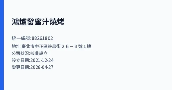 鴻爐發蜜汁燒烤的照片-統編 88261802(臺北市) 公司登記資料與營業項目詳細圖表
