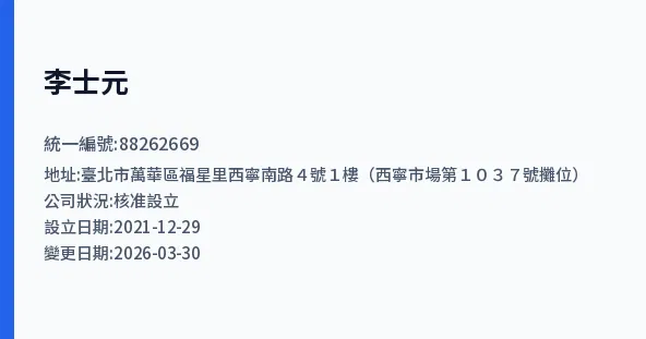 李士元的照片-統編 88262669(臺北市) 公司登記資料與營業項目詳細圖表
