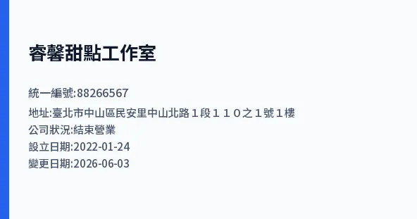 睿馨甜點工作室的照片-統編 88266567(臺北市) 公司登記資料與營業項目詳細圖表