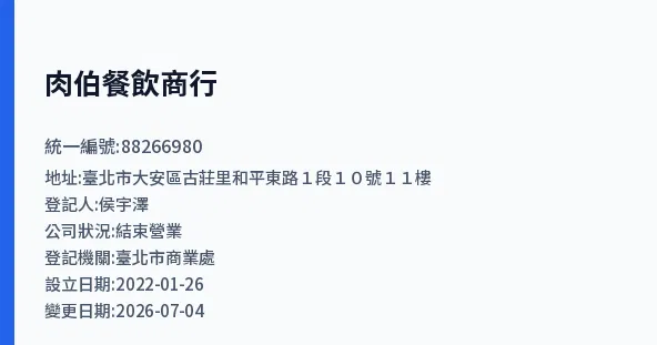 肉伯餐飲商行的照片-統編 88266980(臺北市) 公司登記資料與營業項目詳細圖表