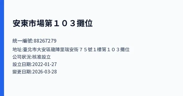 安東市場第103攤位的照片-統編 88267279(臺北市) 公司登記資料與營業項目詳細圖表