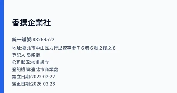 香撰企業社的照片-統編 88269522(臺北市) 公司登記資料與營業項目詳細圖表