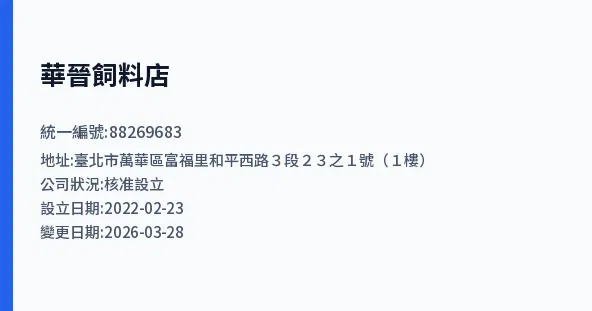 華晉飼料店的照片-統編 88269683(臺北市) 公司登記資料與營業項目詳細圖表