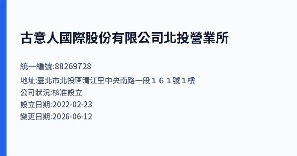 古意人國際股份有限公司北投營業所的照片-統編 88269728(臺北市) 公司登記資料與營業項目詳細圖表