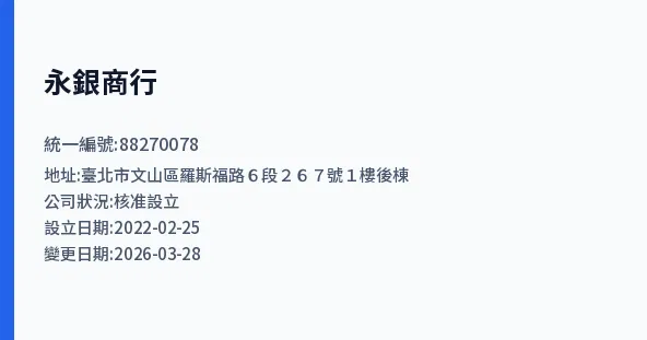 永銀商行的照片-統編 88270078(臺北市) 公司登記資料與營業項目詳細圖表