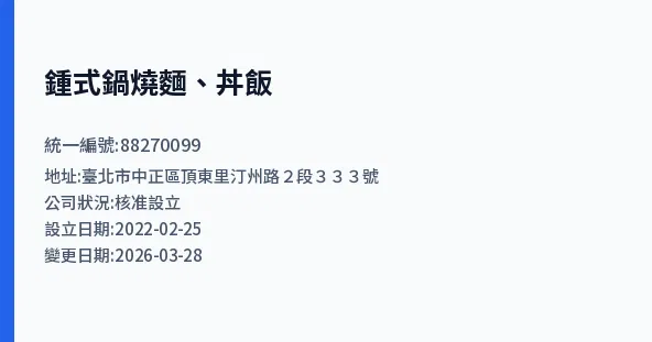 鍾式鍋燒麵、丼飯的照片-統編 88270099(臺北市) 公司登記資料與營業項目詳細圖表