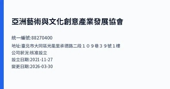 亞洲藝術與文化創意產業發展協會的照片-統編 88270400(臺北市) 公司登記資料與營業項目詳細圖表