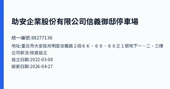 助安企業股份有限公司信義御邸停車場的照片-統編 88277136(臺北市) 公司登記資料與營業項目詳細圖表