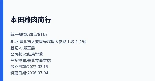 本田雞肉商行的照片-統編 88278108(臺北市) 公司登記資料與營業項目詳細圖表