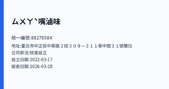 ㄙㄨㄚˋ嘴滷味的照片-統編 88278584(臺北市) 公司登記資料與營業項目詳細圖表