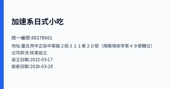 加速系日式小吃的照片-統編 88278661(臺北市) 公司登記資料與營業項目詳細圖表