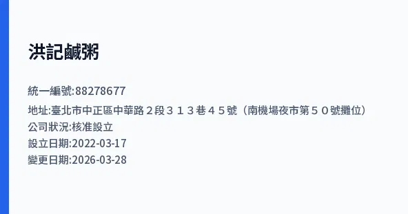 洪記鹹粥的照片-統編 88278677(臺北市) 公司登記資料與營業項目詳細圖表