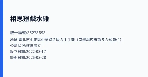 相思雞鹹水雞的照片-統編 88278698(臺北市) 公司登記資料與營業項目詳細圖表