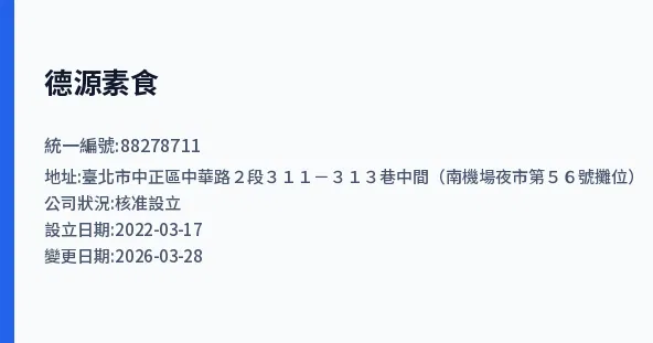 德源素食的照片-統編 88278711(臺北市) 公司登記資料與營業項目詳細圖表