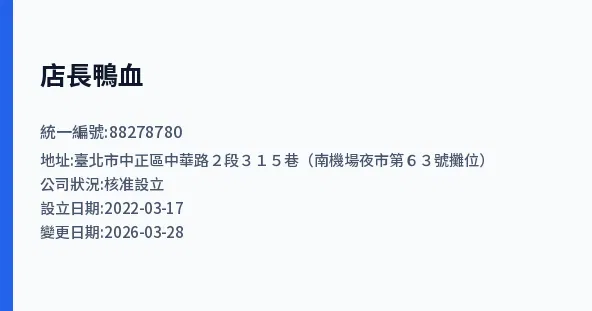 店長鴨血的照片-統編 88278780(臺北市) 公司登記資料與營業項目詳細圖表