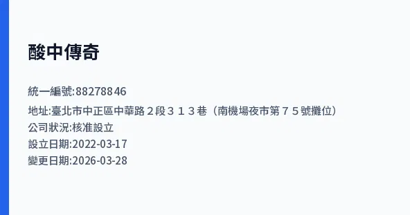 酸中傳奇的照片-統編 88278846(臺北市) 公司登記資料與營業項目詳細圖表