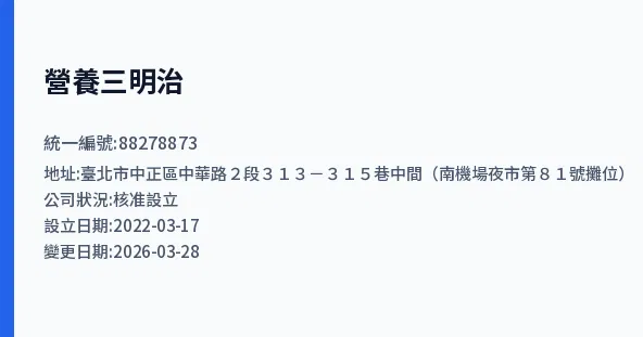 營養三明治的照片-統編 88278873(臺北市) 公司登記資料與營業項目詳細圖表