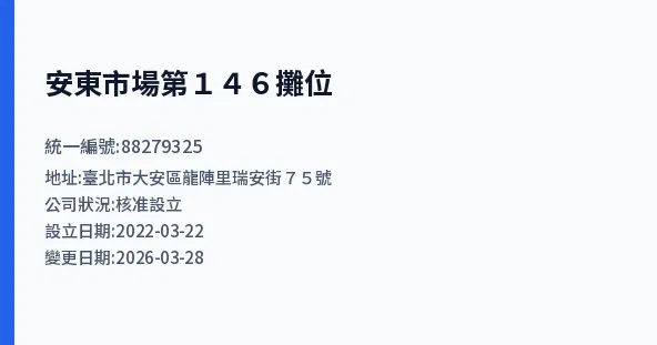 安東市場第146攤位的照片-統編 88279325(臺北市) 公司登記資料與營業項目詳細圖表