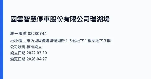 國雲智慧停車股份有限公司瑞湖場的照片-統編 88280744(臺北市) 公司登記資料與營業項目詳細圖表