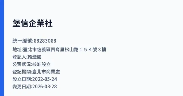 堡信企業社的照片-統編 88283088(臺北市) 公司登記資料與營業項目詳細圖表