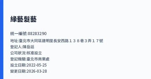 緣藝髮藝的照片-統編 88283290(臺北市) 公司登記資料與營業項目詳細圖表