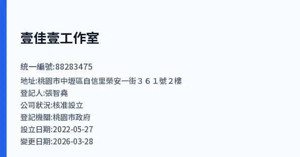 壹佳壹工作室的照片-統編 88283475(桃園市) 公司登記資料與營業項目詳細圖表