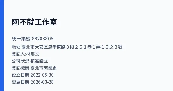 阿不就工作室的照片-統編 88283806(臺北市) 公司登記資料與營業項目詳細圖表