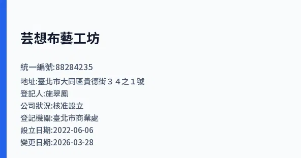 芸想布藝工坊的照片-統編 88284235(臺北市) 公司登記資料與營業項目詳細圖表
