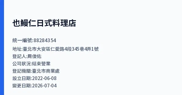 也鰻仁日式料理店的照片-統編 88284354(臺北市) 公司登記資料與營業項目詳細圖表