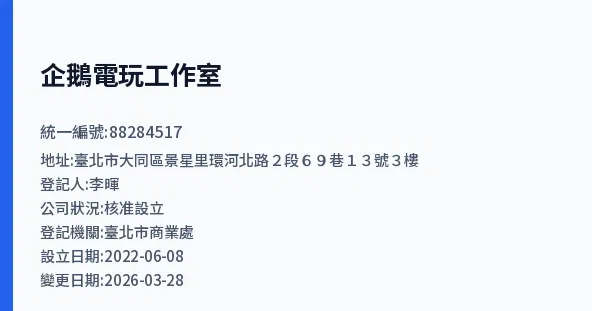 企鵝電玩工作室的照片-統編 88284517(臺北市) 公司登記資料與營業項目詳細圖表