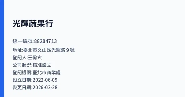 光輝蔬果行的照片-統編 88284713(臺北市) 公司登記資料與營業項目詳細圖表