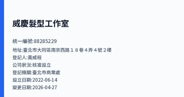 威慶髮型工作室的照片-統編 88285229(臺北市) 公司登記資料與營業項目詳細圖表