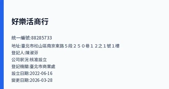好樂活商行的照片-統編 88285733(臺北市) 公司登記資料與營業項目詳細圖表