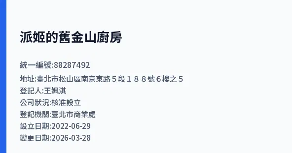 派姬的舊金山廚房的照片-統編 88287492(臺北市) 公司登記資料與營業項目詳細圖表