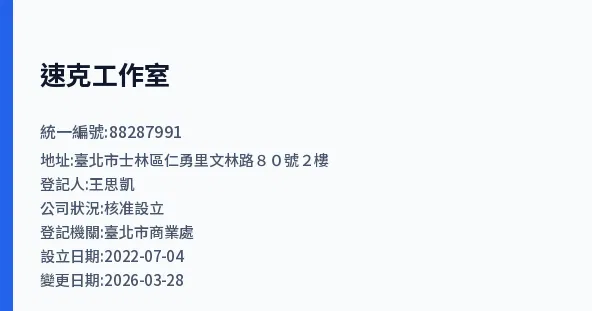 速克工作室的照片-統編 88287991(臺北市) 公司登記資料與營業項目詳細圖表