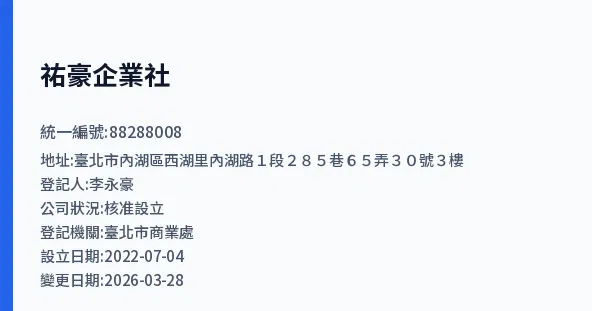 祐豪企業社的照片-統編 88288008(臺北市) 公司登記資料與營業項目詳細圖表