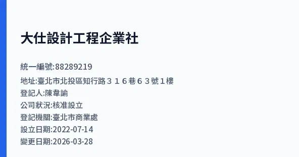 大仕設計工程企業社的照片-統編 88289219(臺北市) 公司登記資料與營業項目詳細圖表