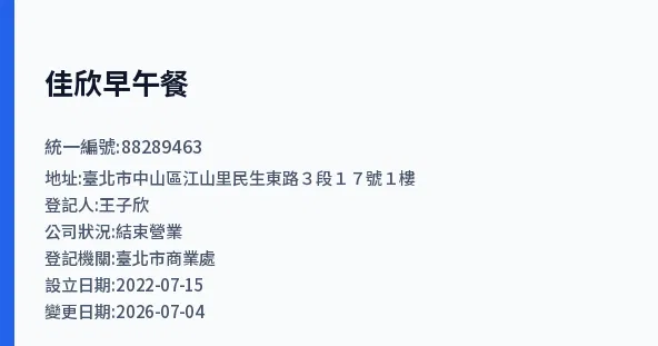 佳欣早午餐的照片-統編 88289463(臺北市) 公司登記資料與營業項目詳細圖表