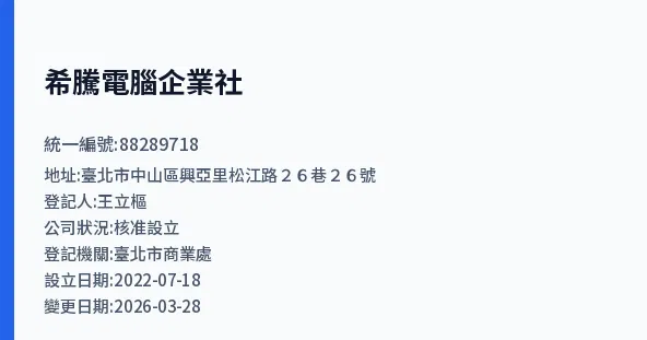 希騰電腦企業社的照片-統編 88289718(臺北市) 公司登記資料與營業項目詳細圖表