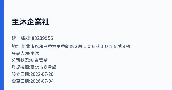 主沐企業社的照片-統編 88289956(新北市) 公司登記資料與營業項目詳細圖表