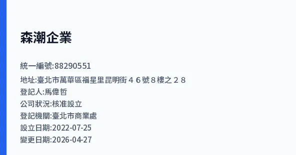 森潮企業的照片-統編 88290551(臺北市) 公司登記資料與營業項目詳細圖表
