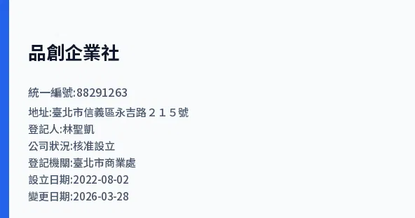 品創企業社的照片-統編 88291263(臺北市) 公司登記資料與營業項目詳細圖表