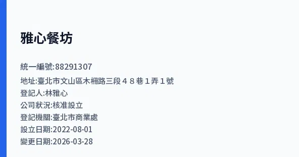 雅心餐坊的照片-統編 88291307(臺北市) 公司登記資料與營業項目詳細圖表