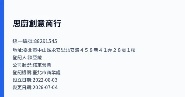 思廚創意商行的照片-統編 88291545(臺北市) 公司登記資料與營業項目詳細圖表