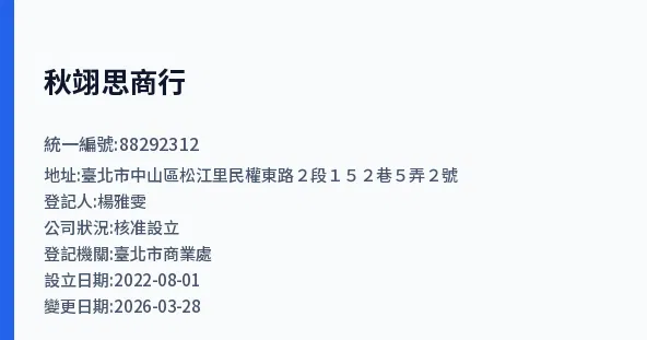 秋翊思商行的照片-統編 88292312(臺北市) 公司登記資料與營業項目詳細圖表